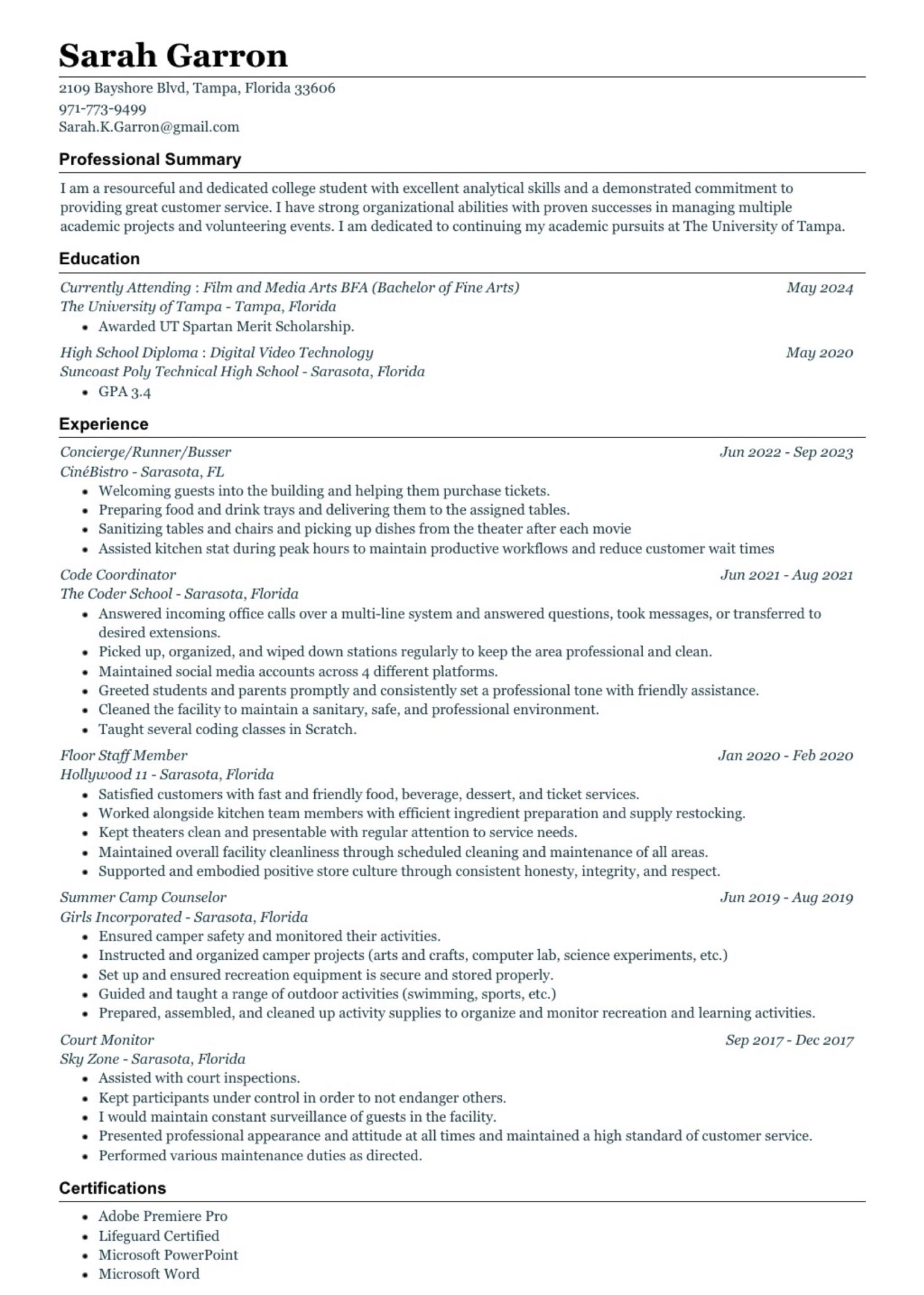 RESUME – SARAH GARRON ~ ACADEMIC PORTFOLIO