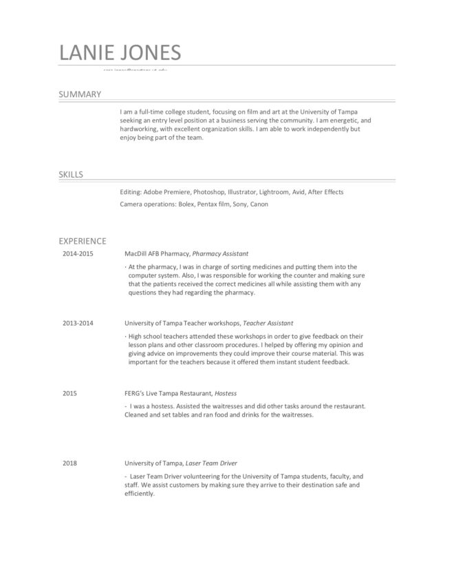 RESUME – LANIE JONES – FMX PORTFOLIO